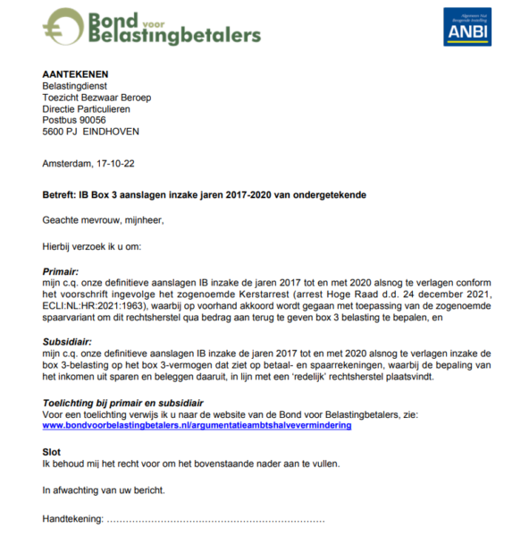 Voorbeeldbrief voor spaarders om box 3-belasting terug te vragen